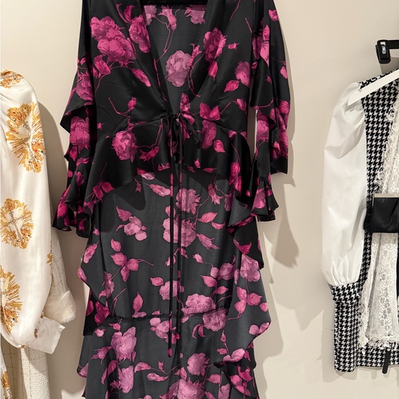 VENUS | Dresses | Floral Black And Pink Ruffled High Low Dustertop ...